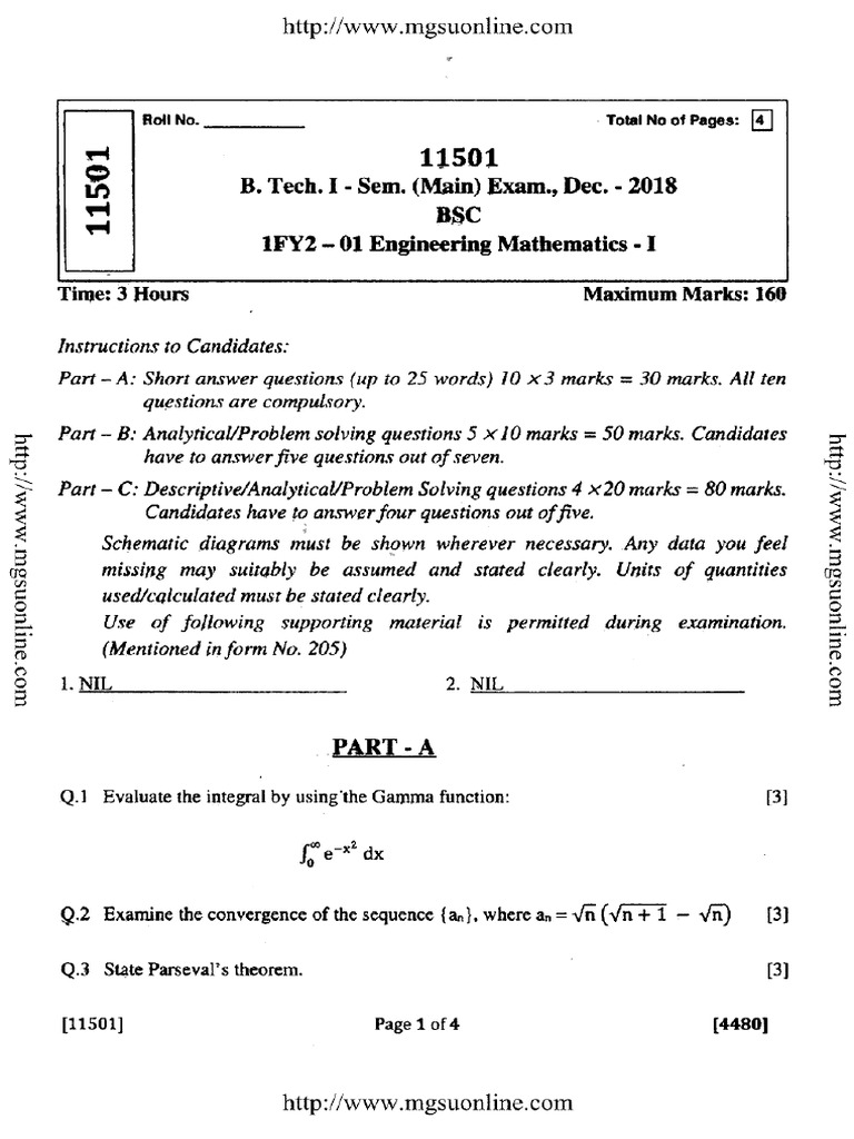 Btech 1 Sem Engineering Mathematics 1 11501 Dec 2018 | PDF