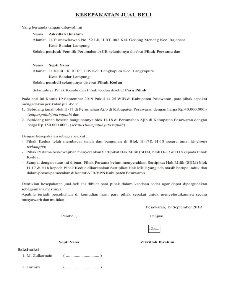 Kesepakatan Jualbeli Zikry & Septi | PDF