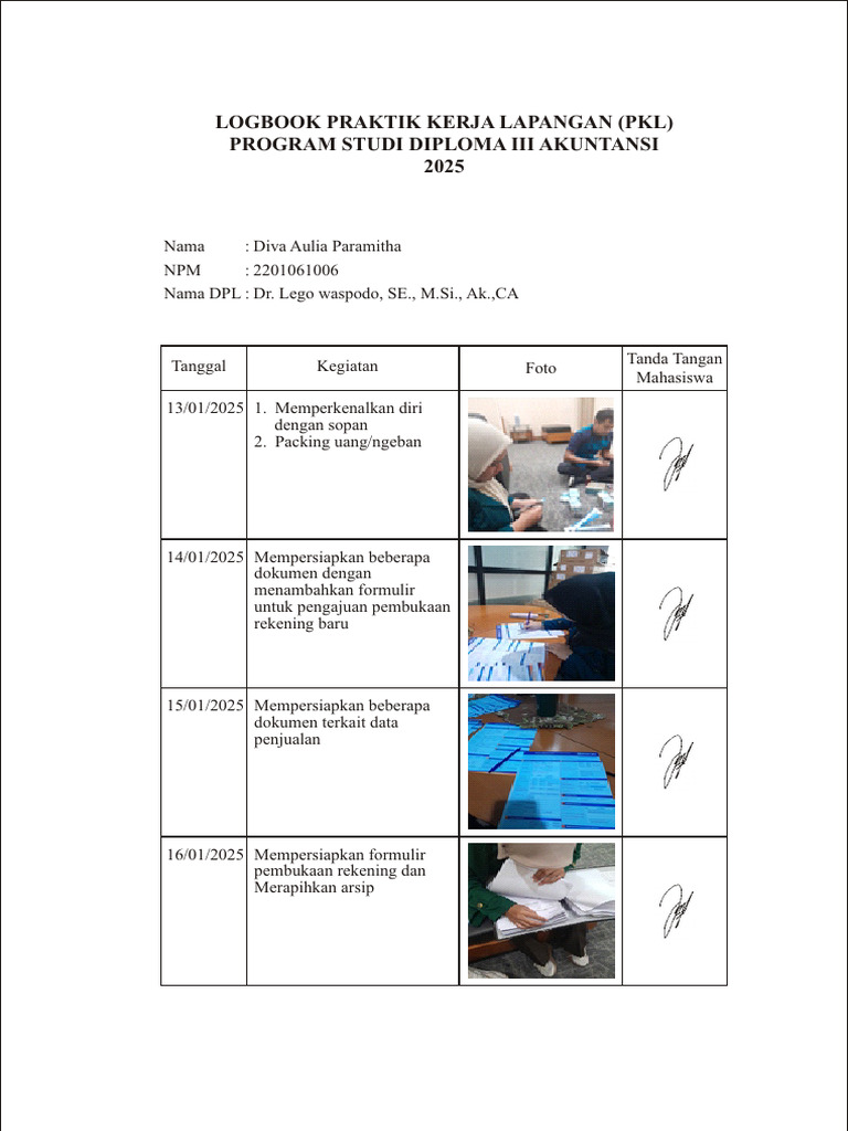 Logbook PKL Akuntansi 2025: Kegiatan Mahasiswa | PDF