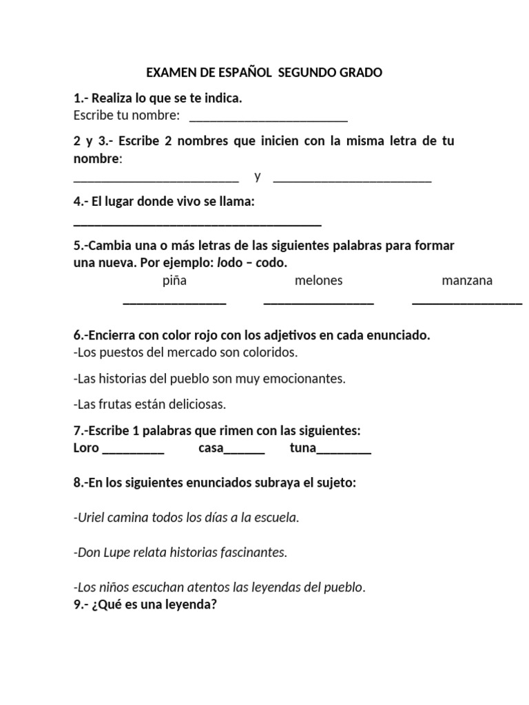 456930571-EXAMEN-DE-ESPANOL-Y-MATEMATICAS-SEGUNDO-GRADO | PDF