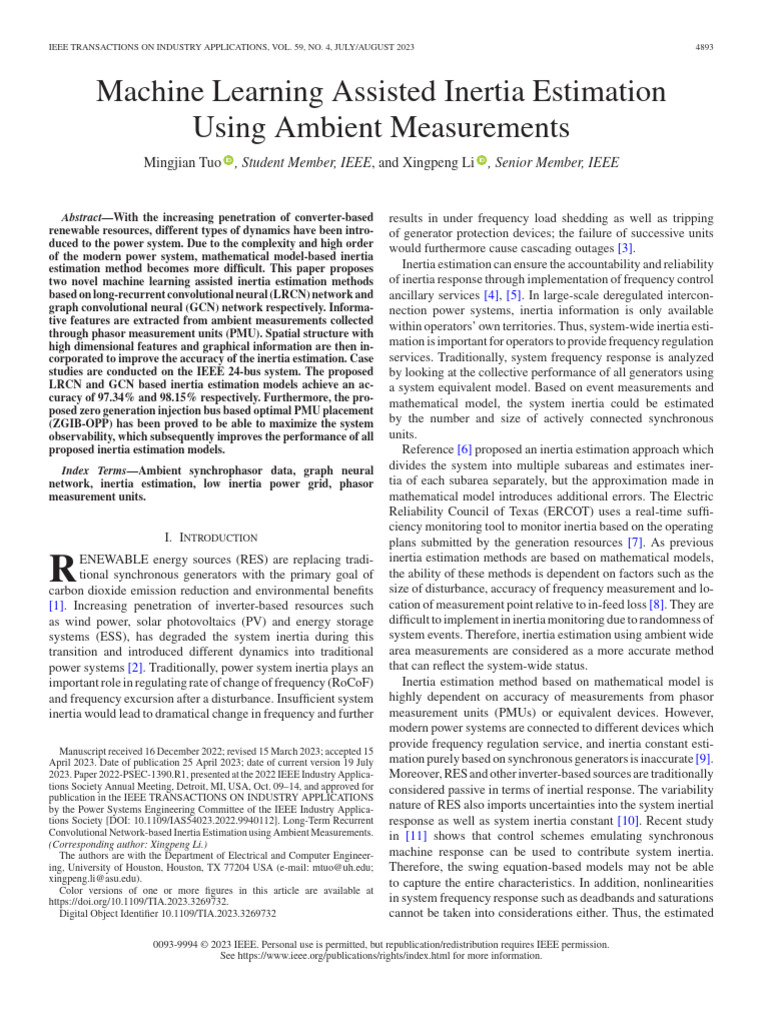 Machine Learning Assisted Inertia Estimation Using Ambient Measurements | PDF | Mean Squared ...
