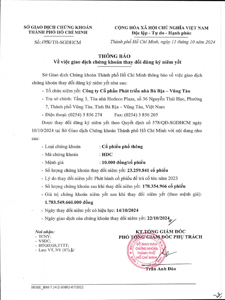 HDC TB 1796 Thay Doi Dkny Phat Hanh CP Tra Co Tuc Nam 2023 1 | PDF