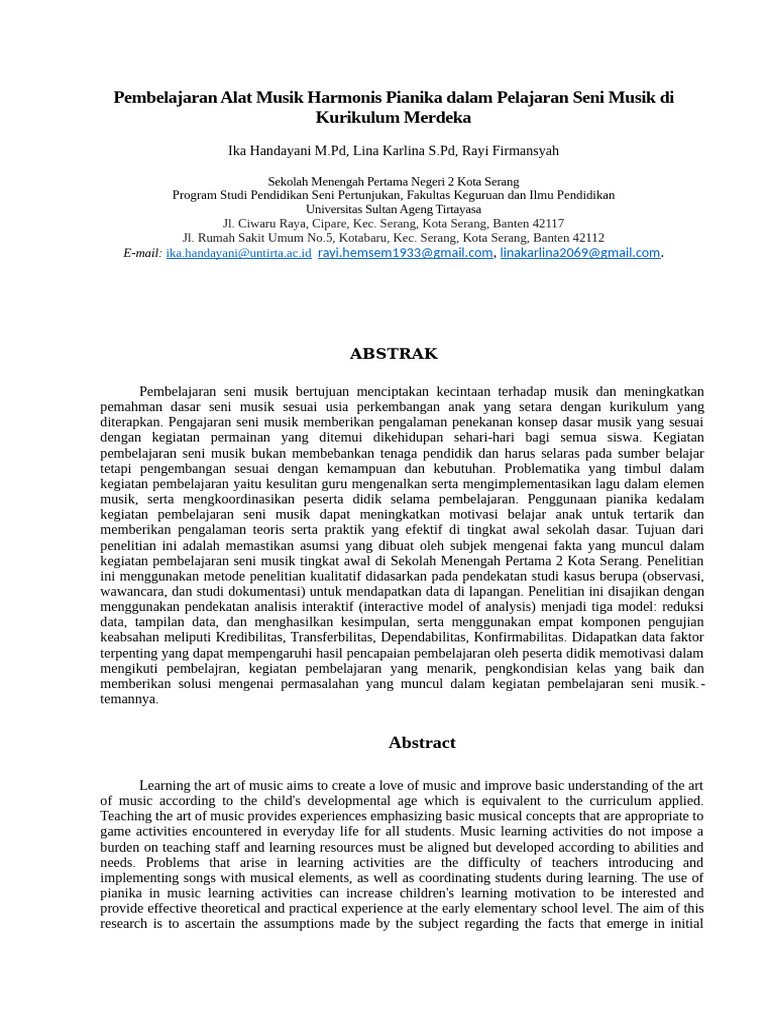 Jurnal PLP Untirta Spenwa - Pembelajaran Alat Musik Harmonis Pianika | PDF