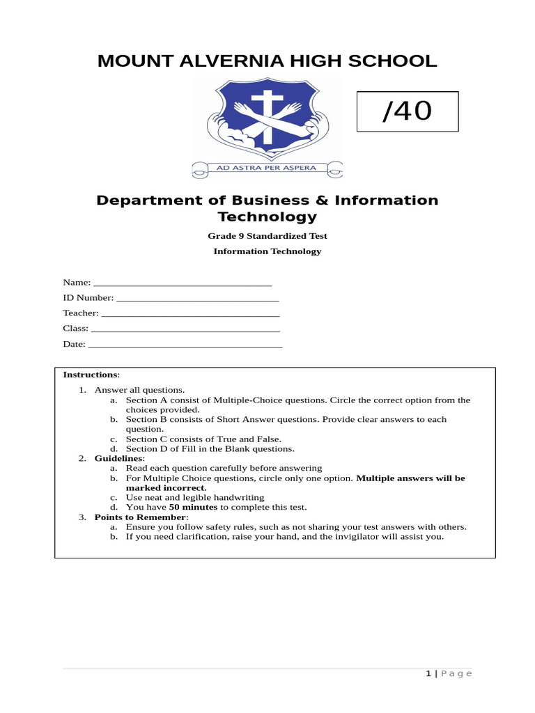 Grade 9 IT Standardized Exam | PDF | Computer Data Storage | Input/Output