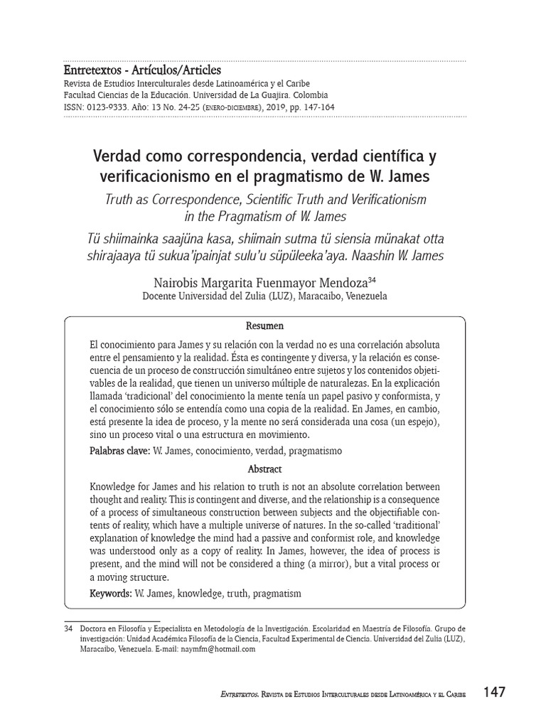 Verdad Como Correspondencia, Verdad Científica y Verificacionismo en El Pragmatismo de W. James ...