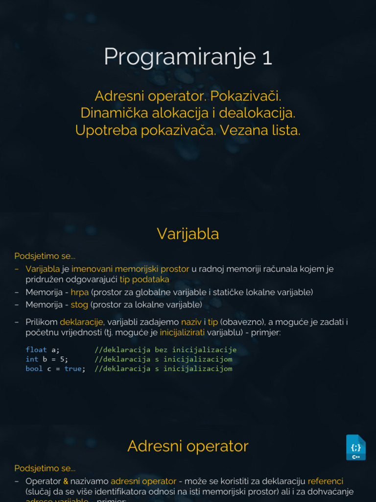 Pokazivači, Dinamička Alokacija I Vezana Lista | PDF