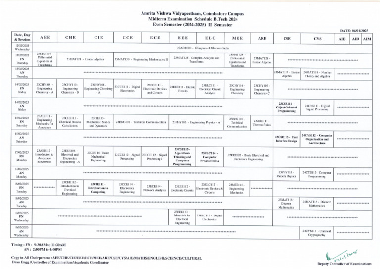 2024 B Tech Mid Term Exam Schedule Even Sem 2024 2025 | PDF