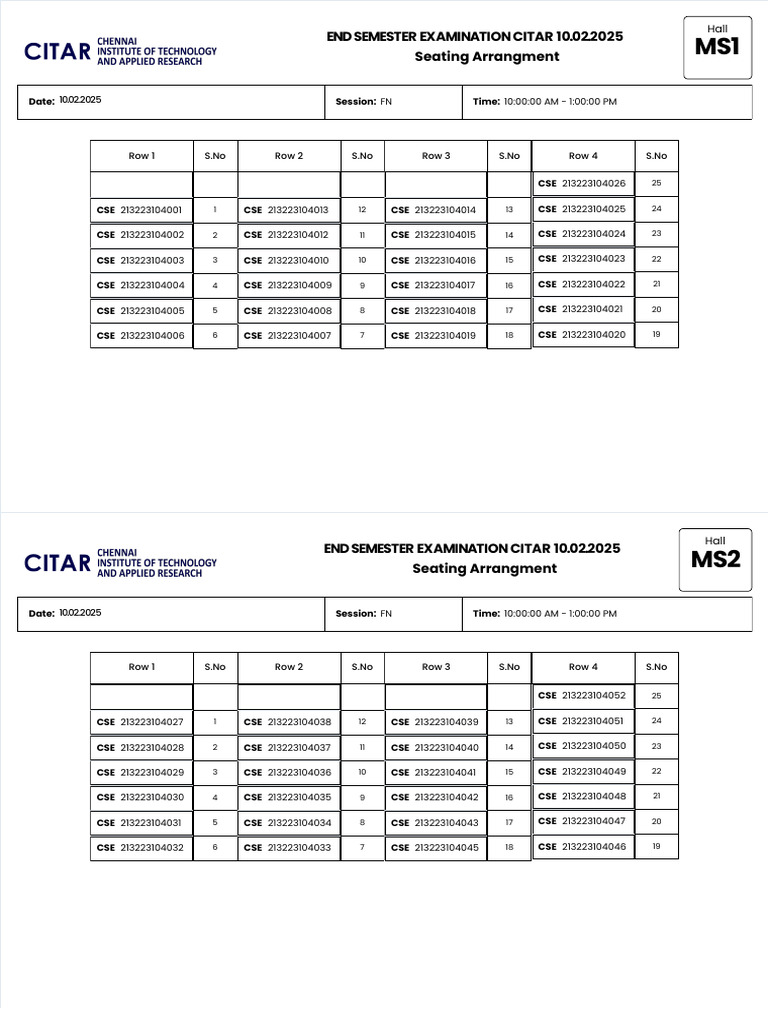 04.01.2025 Seating | PDF