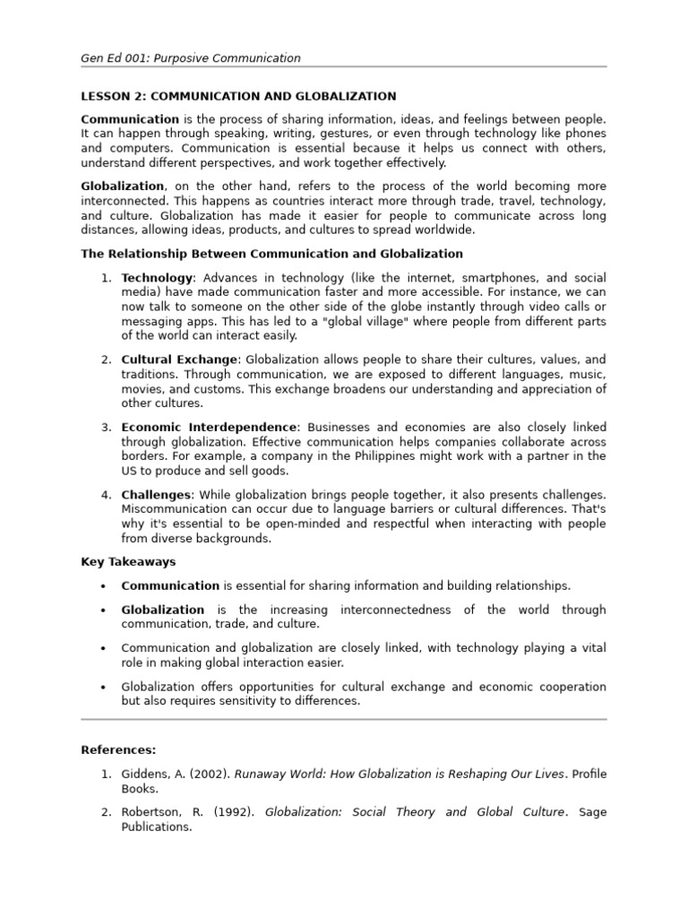 Lesson 2 - Communication and Globalization | PDF | Globalization | Communication