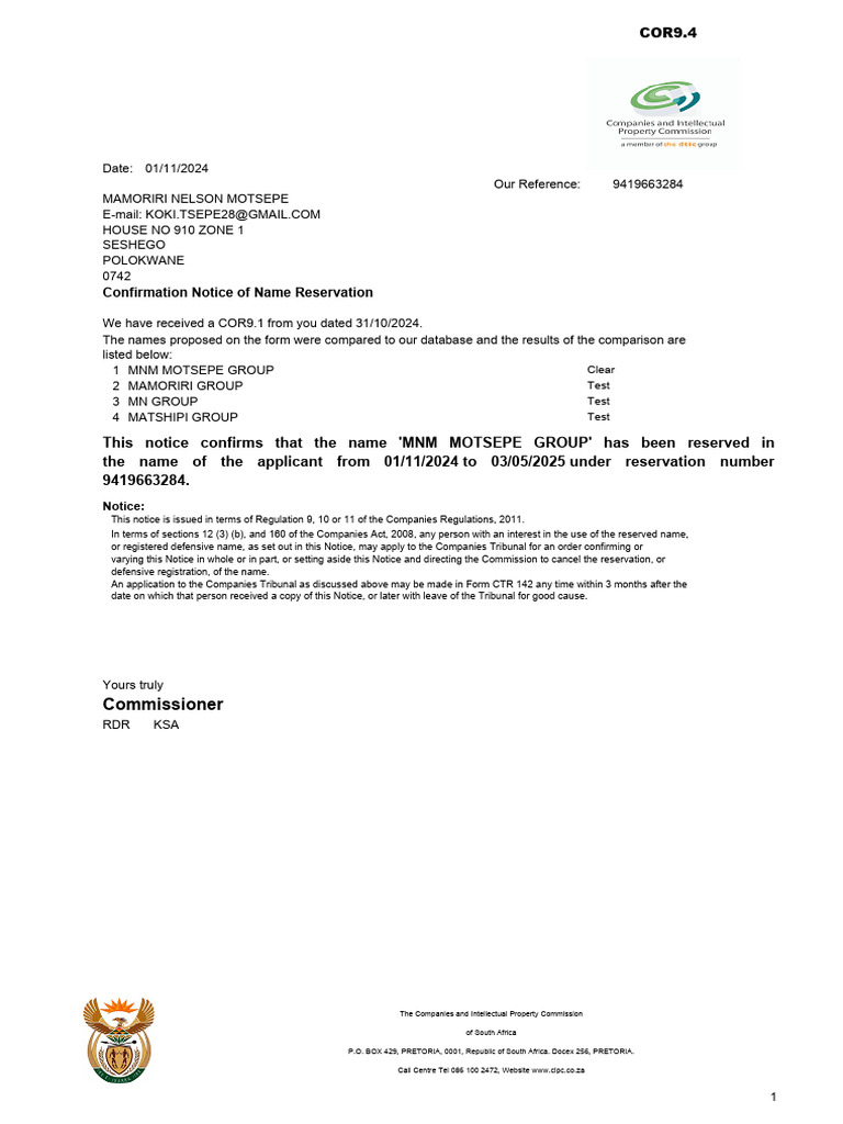 Confirmation Notice of Name Reservation: Commissioner | PDF