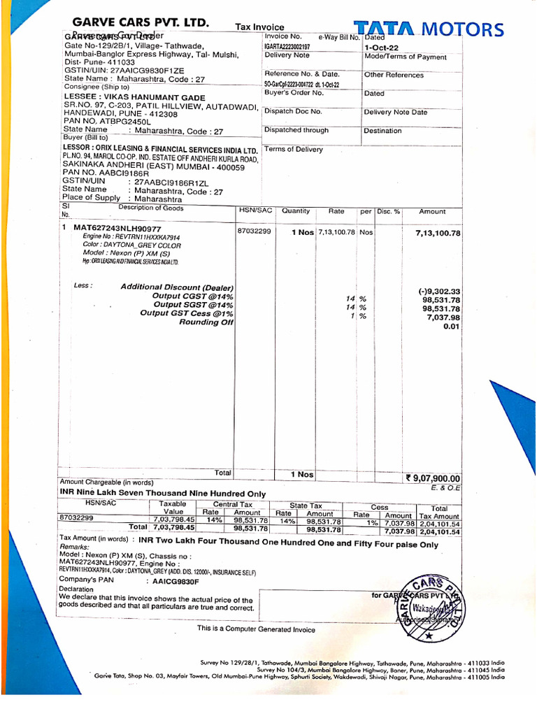 Invoice - MR - Vikas Gade - Tata Nexon | PDF