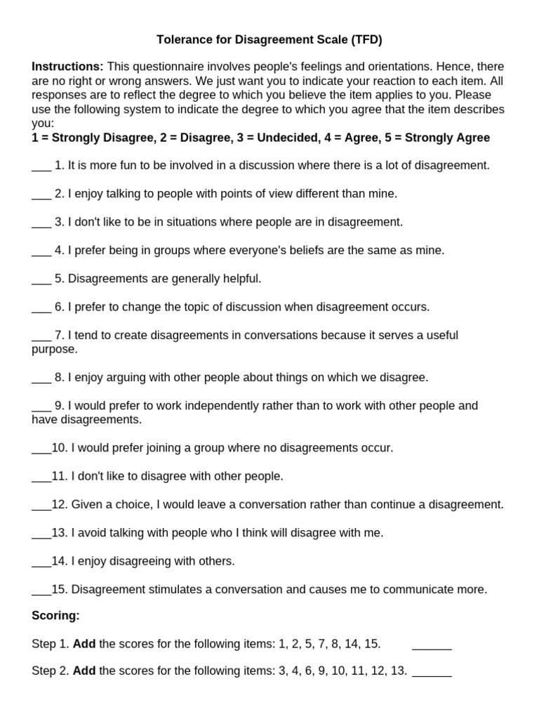 Tolerance for Disagreement Scale Questionnaire | PDF | Conversation ...