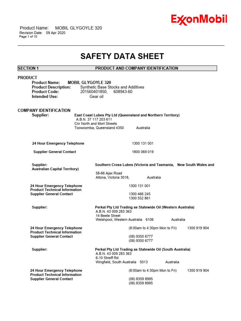 Mobil Glygoyle 320 Safety Data Sheet | PDF | Hazards | Personal ...