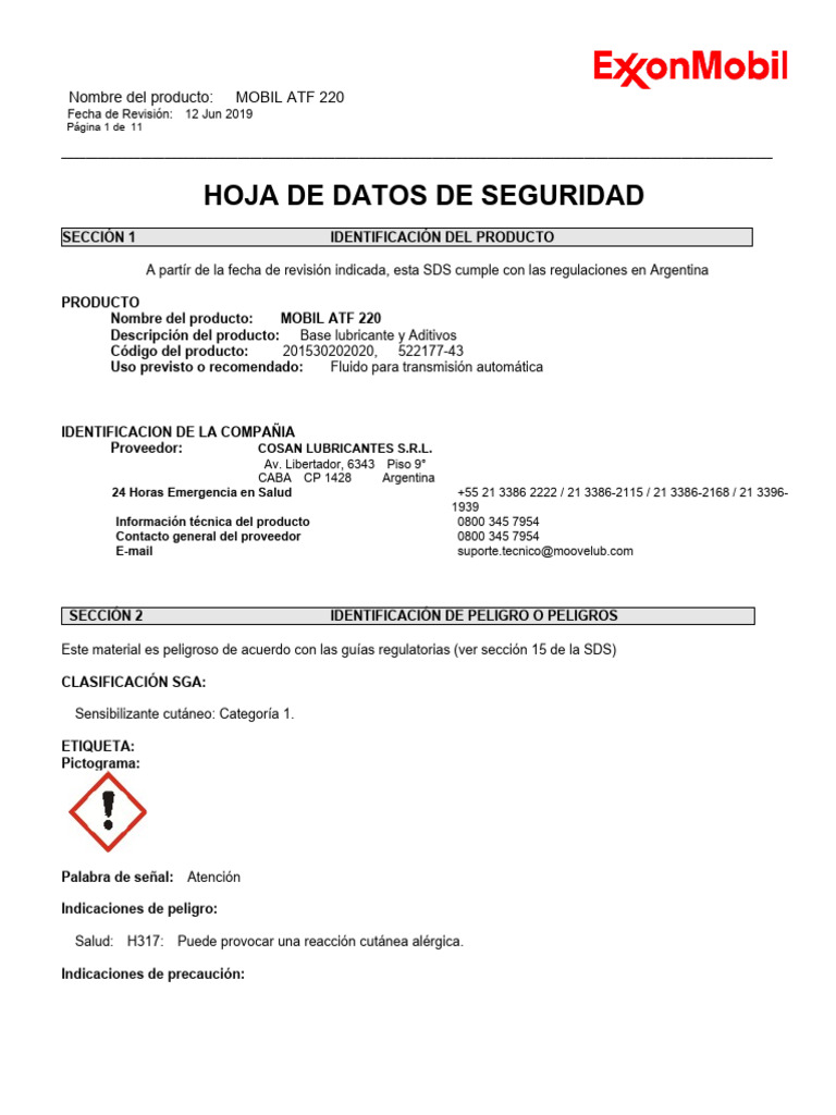FDS - Exxon - Mobil Atf 220 | PDF | Ventilación (Arquitectura) | Higiene