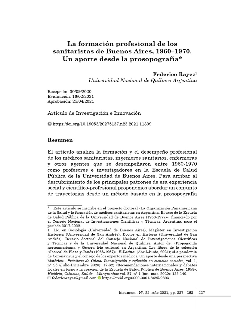 Rayez 2021 - Sanitaristas Argentinos Sociologia e História | PDF