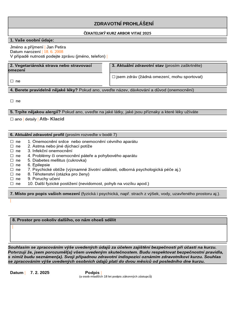 Zdravotni Dotaznik Jan-Petira | PDF