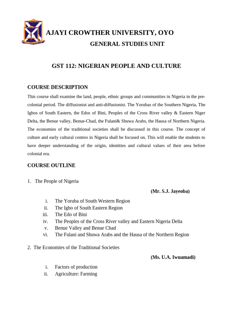 GST 112 Nigerian People and Culture (Course Outline) | PDF | Nigeria | Igbo People