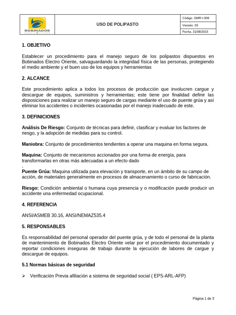 Gmr-I-009 Instrucrivo Uso de Polipasto | PDF | Valores | Grúa (máquina)