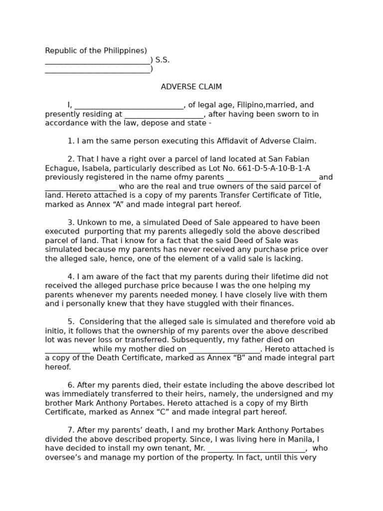Affidavit of Adverse Claim | PDF | Affidavit | Justice