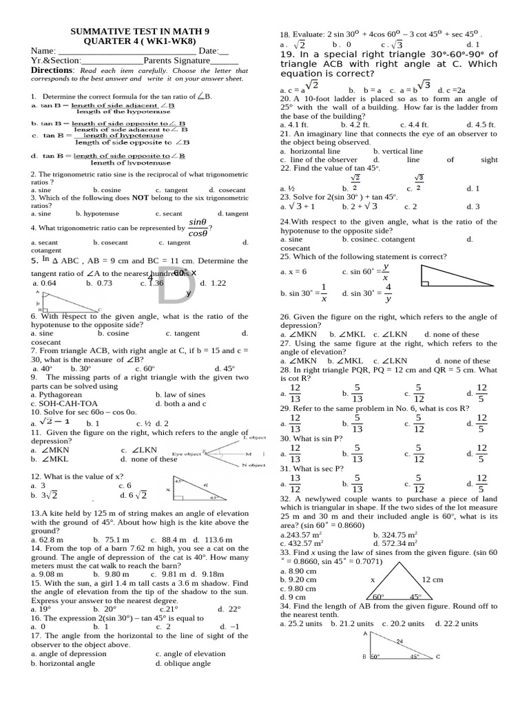 Math 9 Summative Test: Trigonometry | PDF | Trigonometric Functions ...