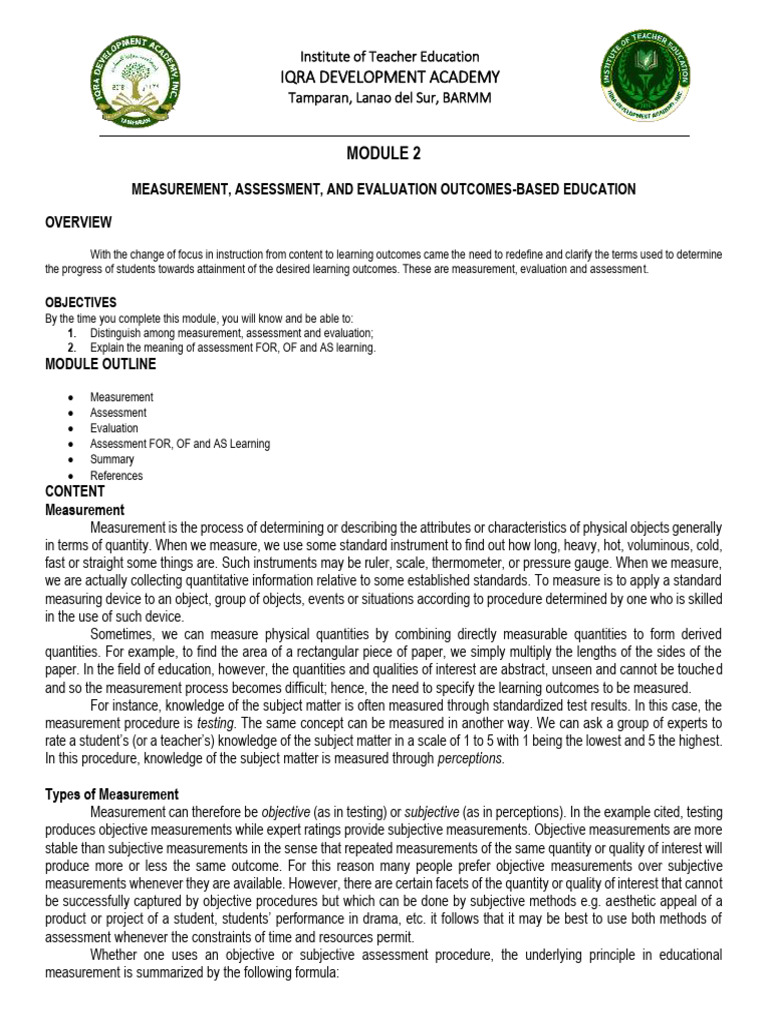 Module 2 Measurement, Assessment and Evaluation Outcomes-Based ...