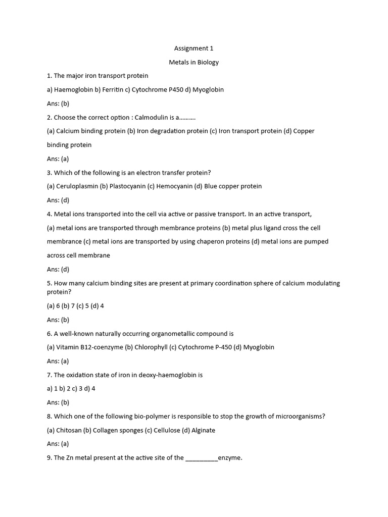 Assignment 1 Metals in Biology 2024 | PDF