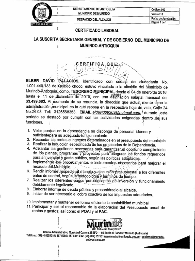 Certificado Laboral Elber David Palacios | PDF