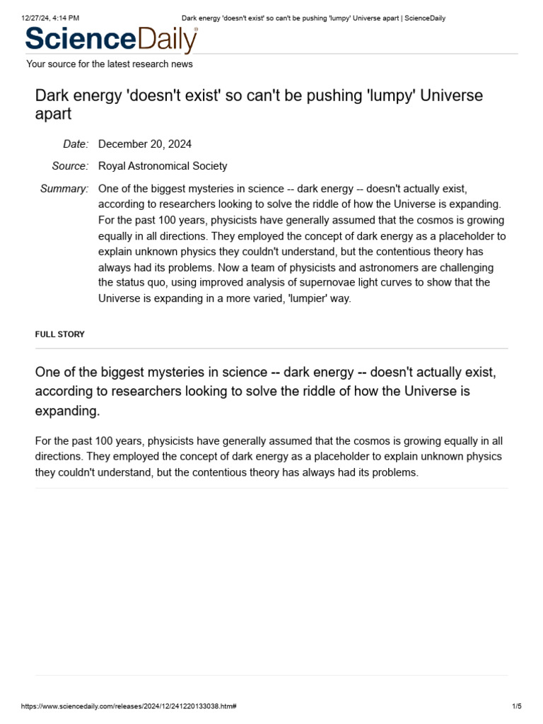 Dark energy 'doesn't exist' so can't be pushing 'lumpy' Universe apart ...