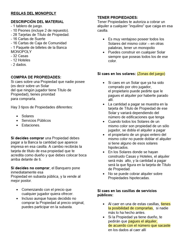 Reglas del Monopoly Simplificadas | PDF | Bancos | Subasta