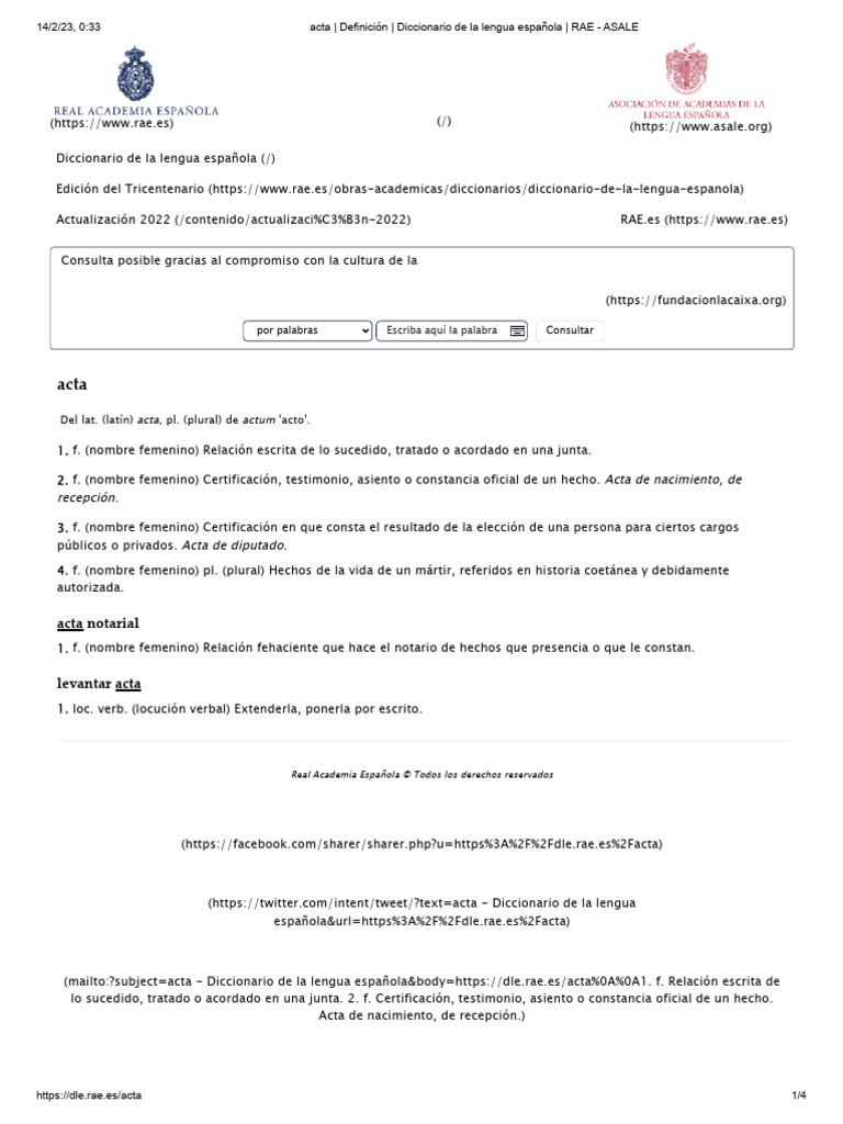 Definición de "acta" en la RAE | PDF | Diccionario | Lengua española