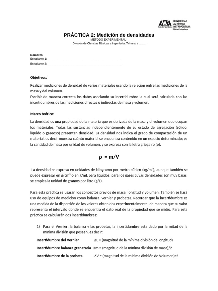PRACTICA 2 - Medicion-De-Densidades | PDF | Volumen | Densidad