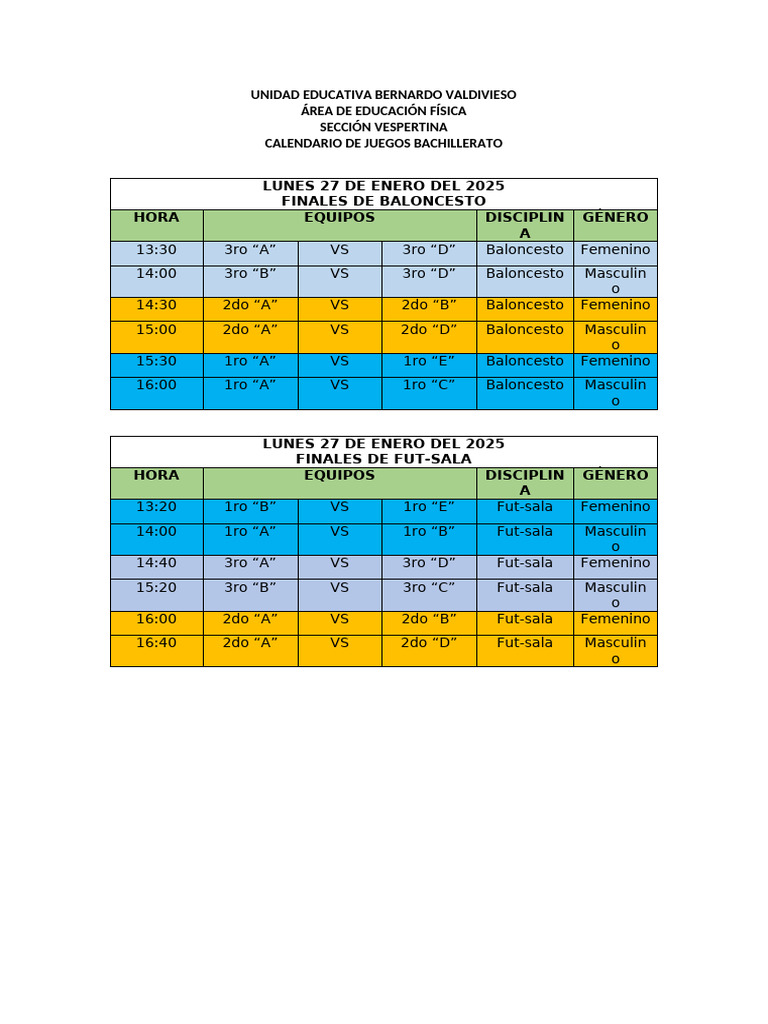 calendario finales bachillerato vespertina | PDF