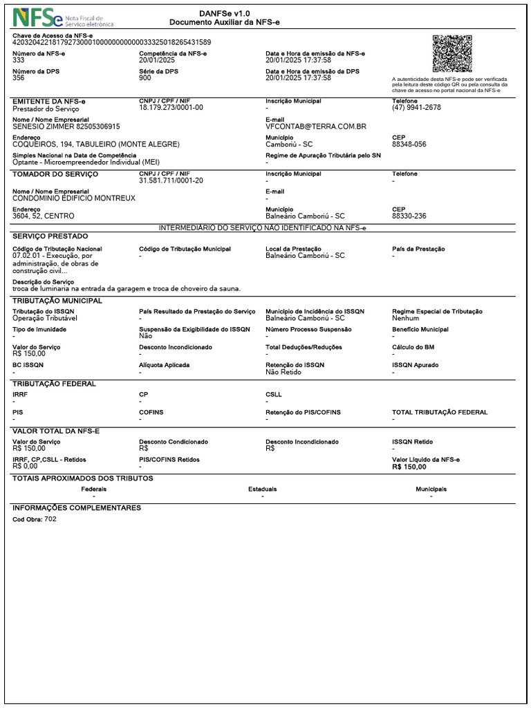 A Autenticidade Desta NFS-e Pode Ser Verificada Pela Leitura Deste Código QR Ou Pela Consulta Da ...