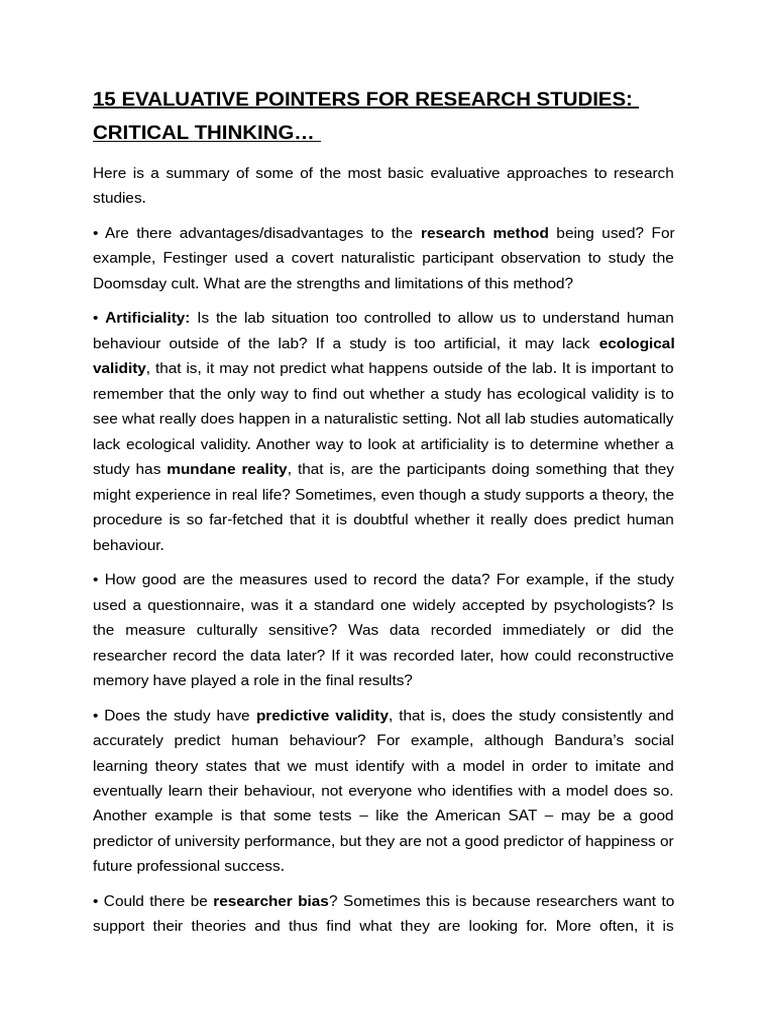 15 Pointers To Evaluate A Study | PDF | Validity (Statistics) | Social Psychology