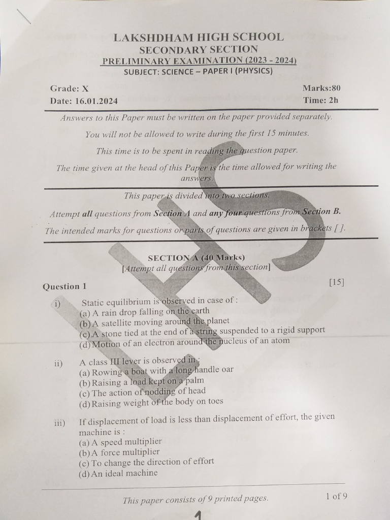 ICSE 10 PHYSICS LHS 1ST PRELIM PAPER 2023-24 | PDF