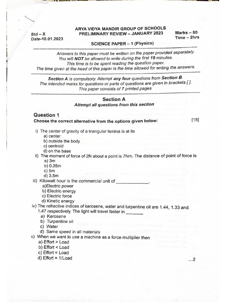 AVM Phy Prelim Jan 2023 | PDF