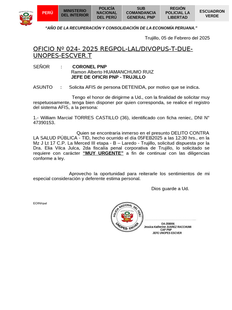Solicitud Urgente de AFIS para Detenidos | PDF | Perú | América del Sur