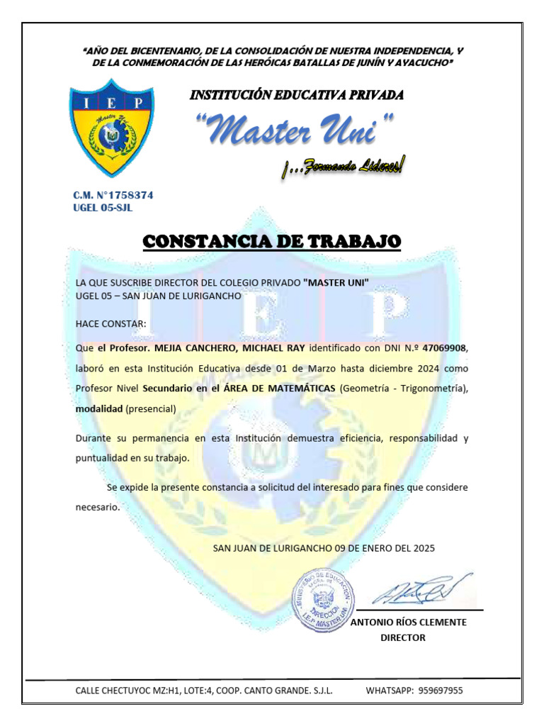 Constancia de Trabajo - Profesor Mejía | PDF