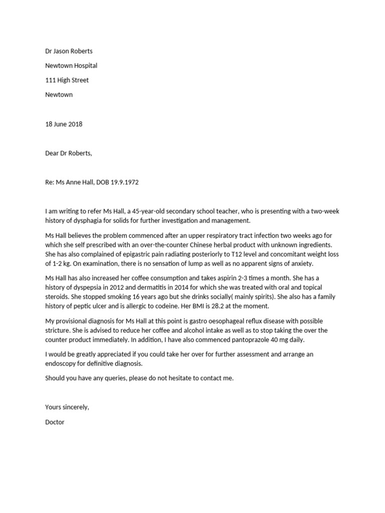 Referral for Ms. Anne Hall's Dysphagia | PDF