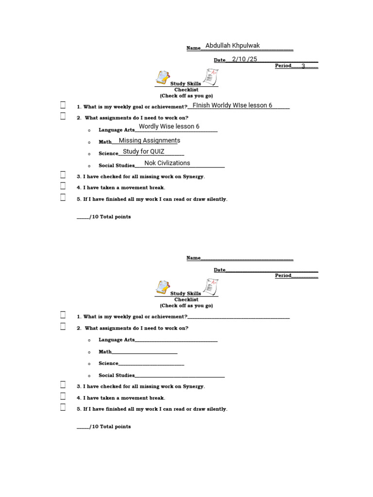 Weekly Study Skills Checklist | PDF