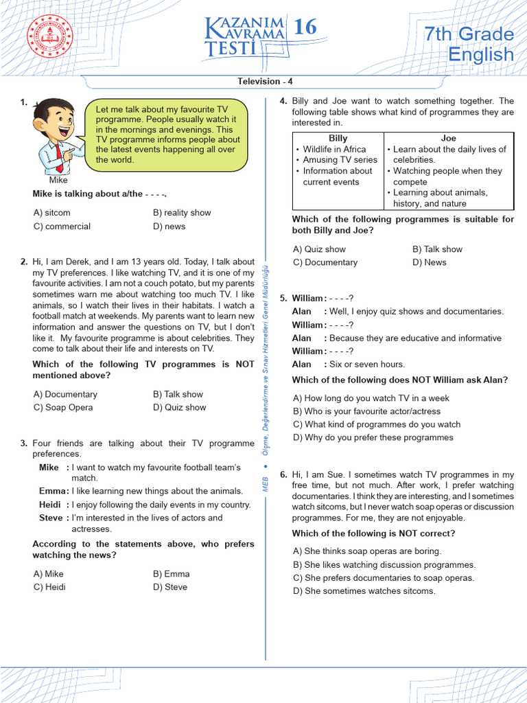 7th Grade TV Program Preferences Quiz | PDF | Entertainment | Television
