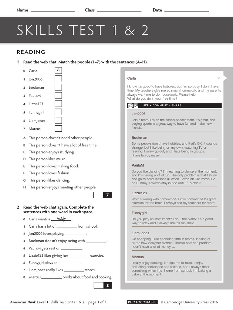 Skills Test for American Think Level 1 | PDF