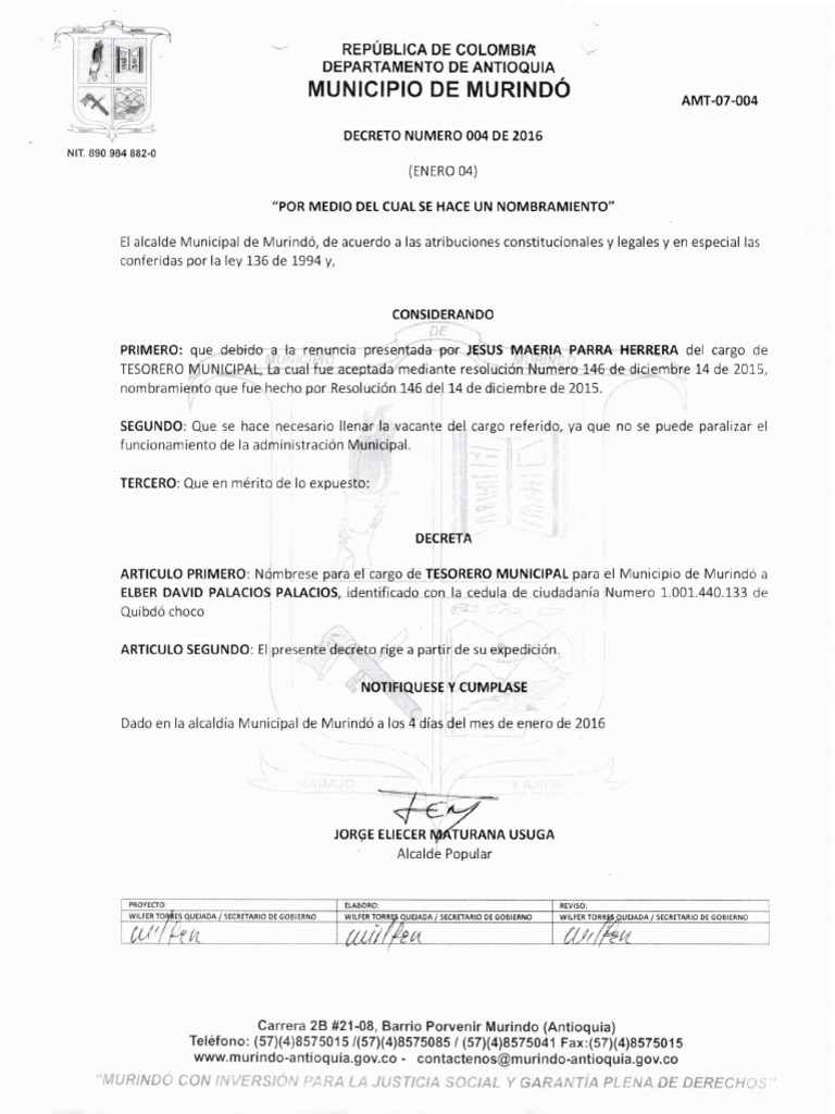 Decreto Nombramiento 004 Del 2016 - Tesorero Municipal | PDF
