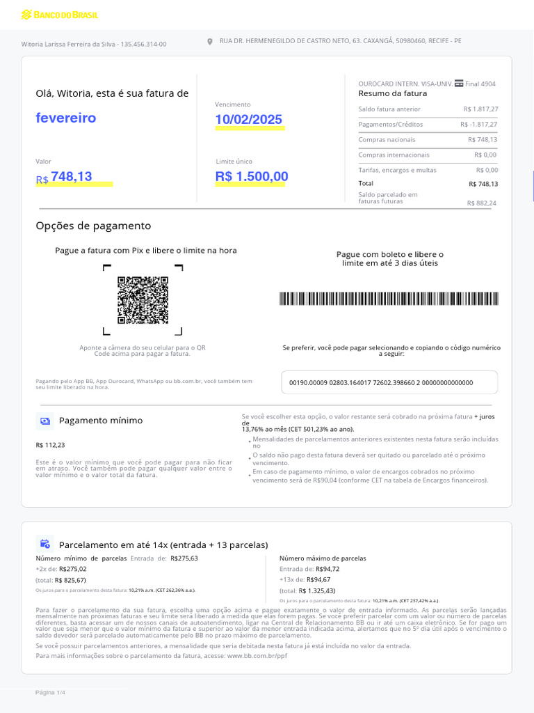 Fatura de Cartão Ourocard - Fevereiro 2025 | PDF | Crédito rotativo | Juros