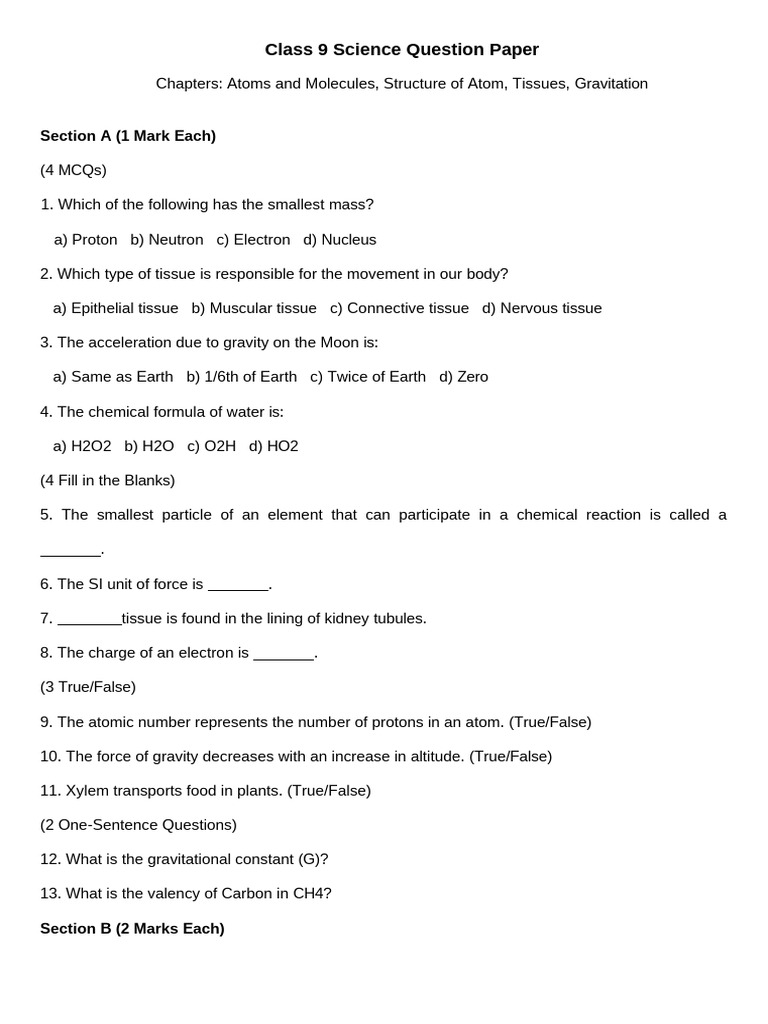 Class 9 Science Exam Paper | PDF | Atoms | Gravity