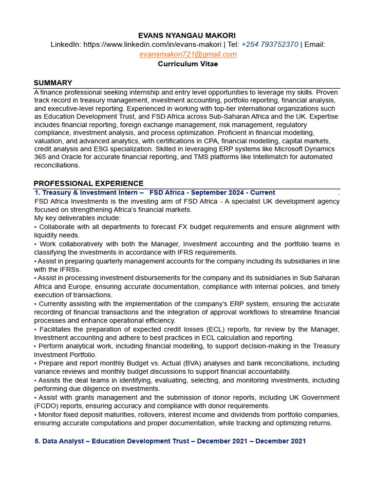 Evans Makori-resume Intern | PDF | Financial Analyst | Loans