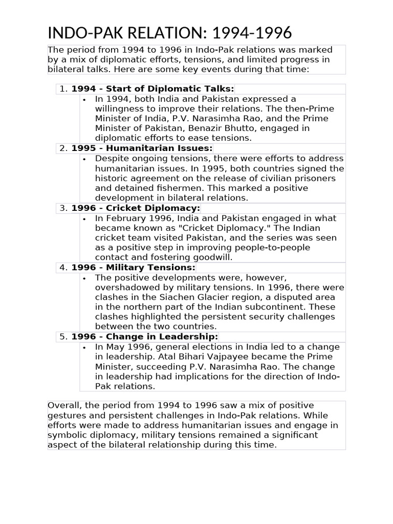 Indo-Pak Relations Overview: 1994-1996 | PDF