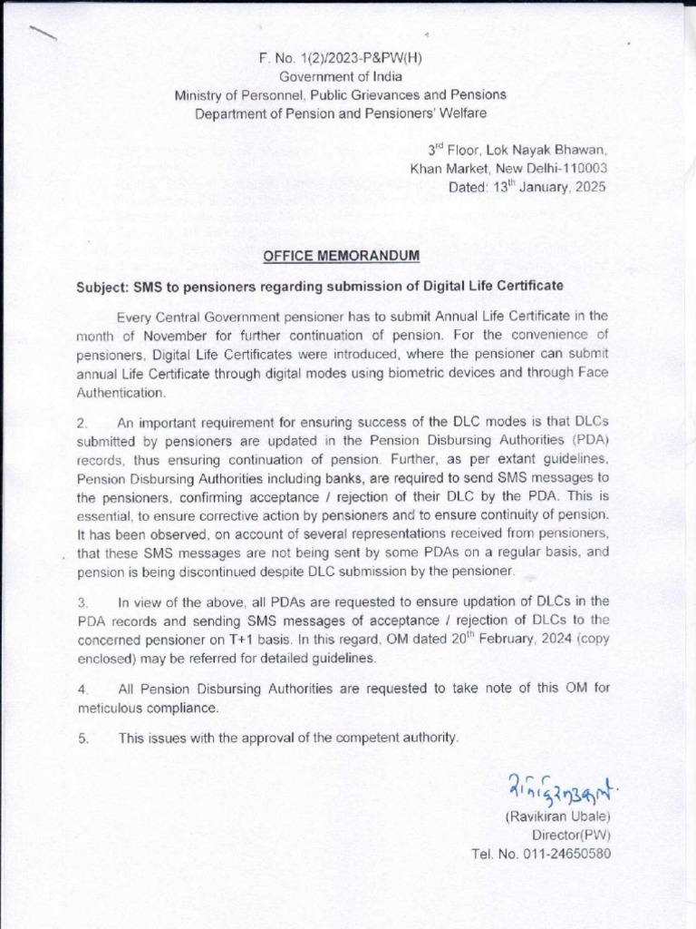 SMS To Pensioners Regarding Submission of Digital Life Certificate | PDF