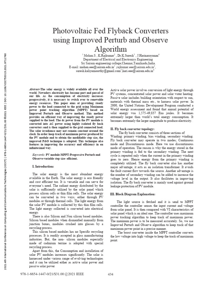 Photovoltaic Fed Flyback Converters Using Improved Perturb and Observe Algorithm | PDF ...