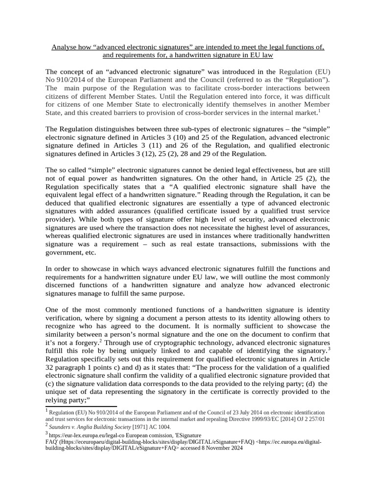 Analyse How "Advanced Electronic Signatures" Are Intended To Meet The ...